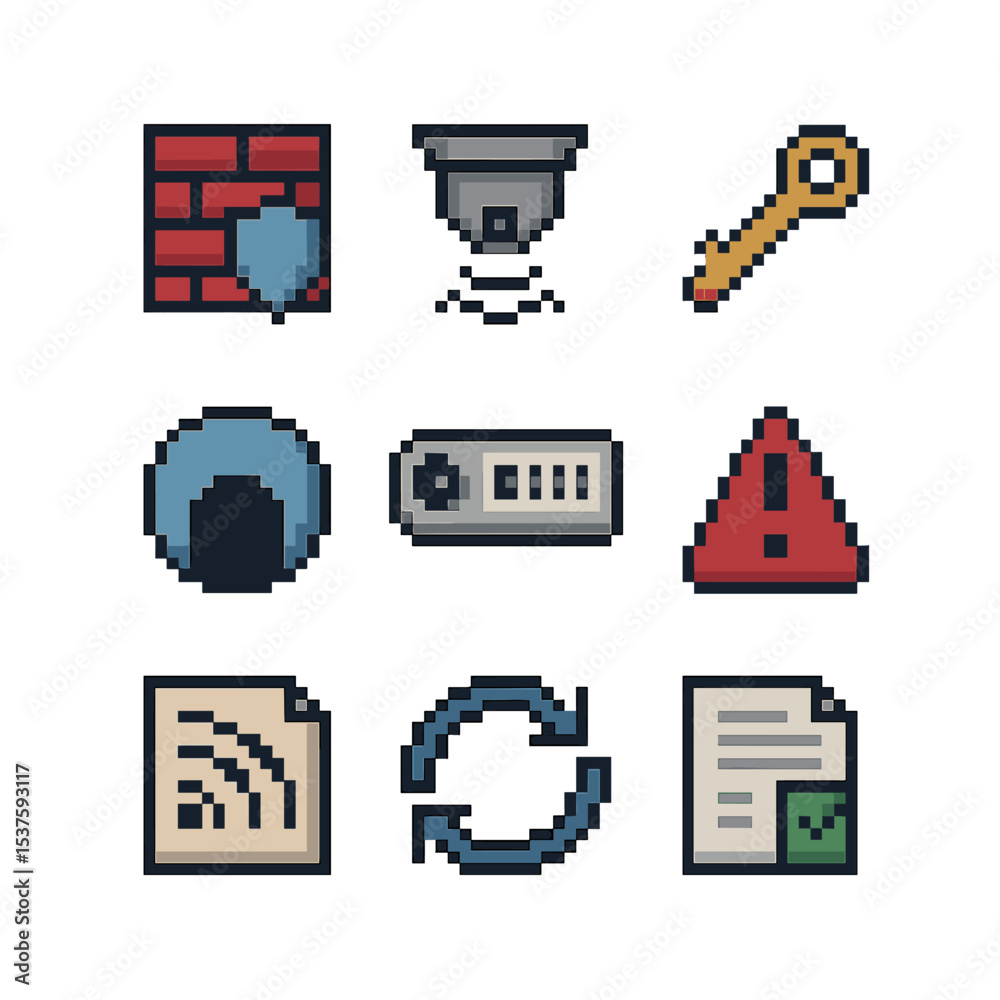 Praca wektorowa bez tantiem: Cybersecurity Icon Grid. Pixel art icon ...