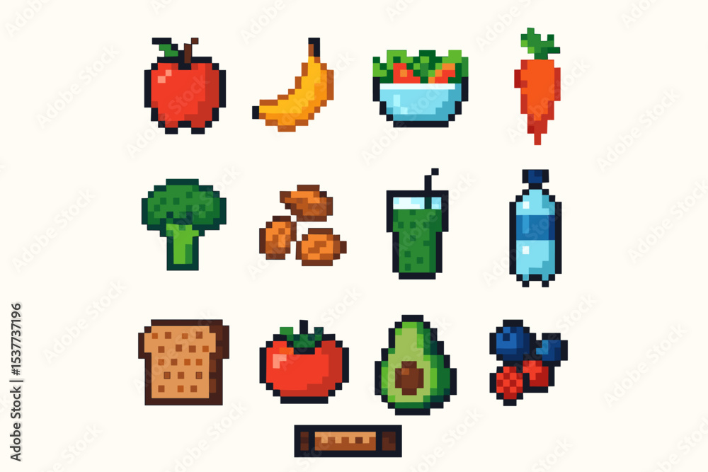 Pixel art healthy foods: fruits, vegetables, and drinks in 8-bit style ...