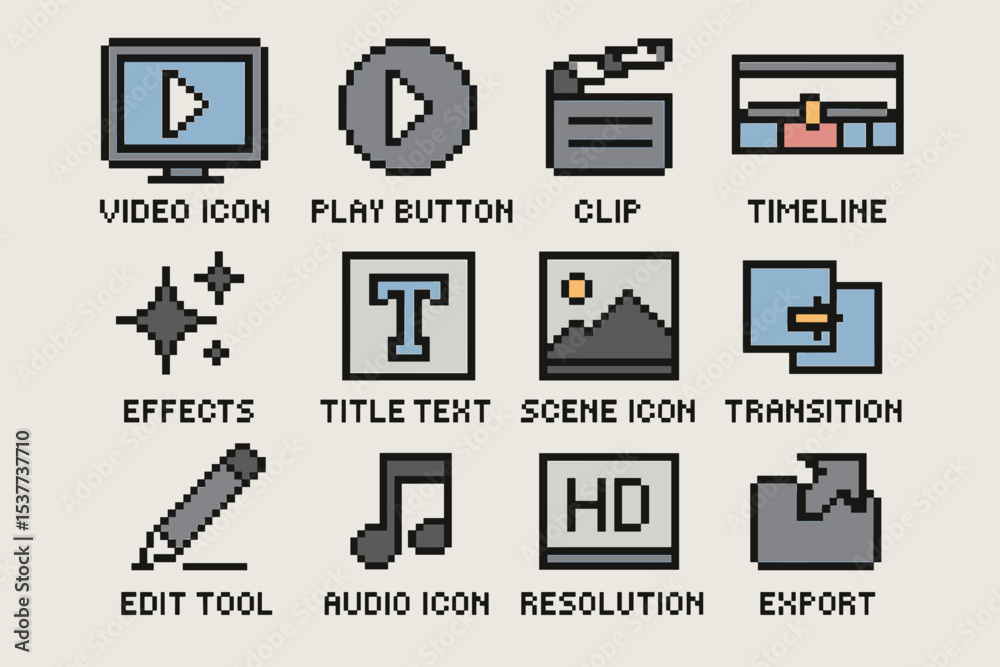Pixel art style video editing icons including play button and ...