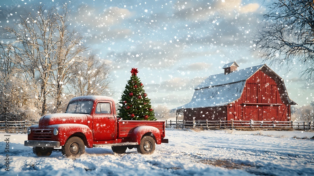 A charming red truck adorned with a Christmas tree in a snowy winter ...