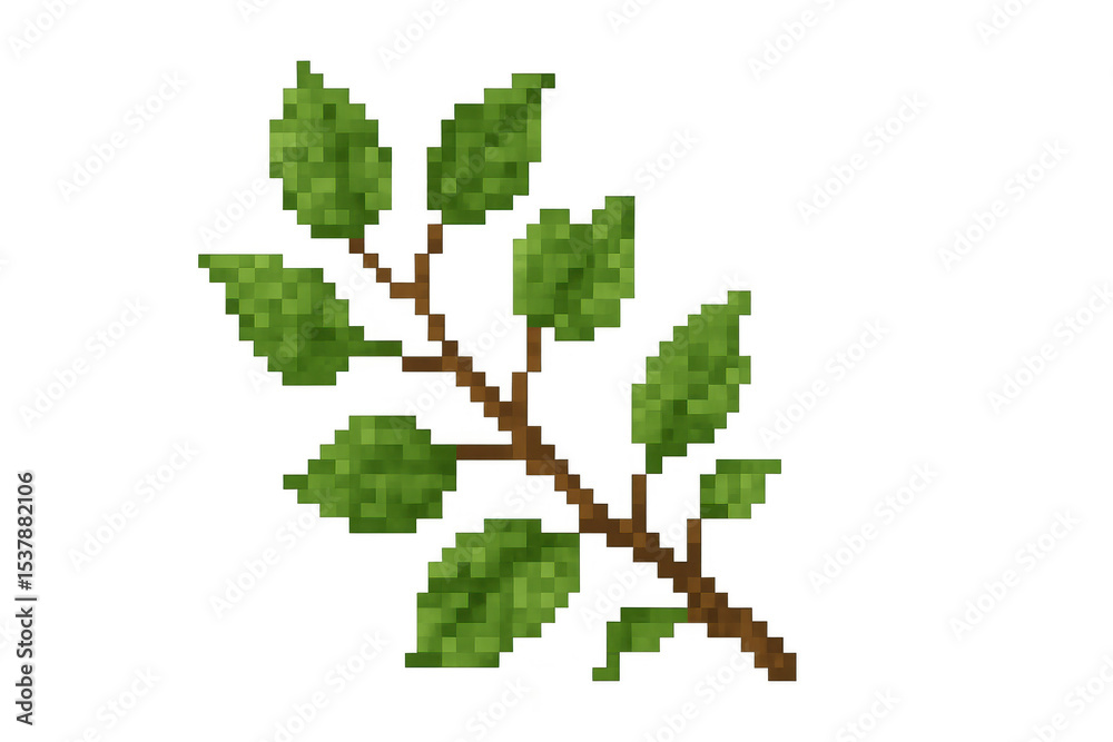 Simple pixel art depicting a brown branch with vibrant green leaves ...