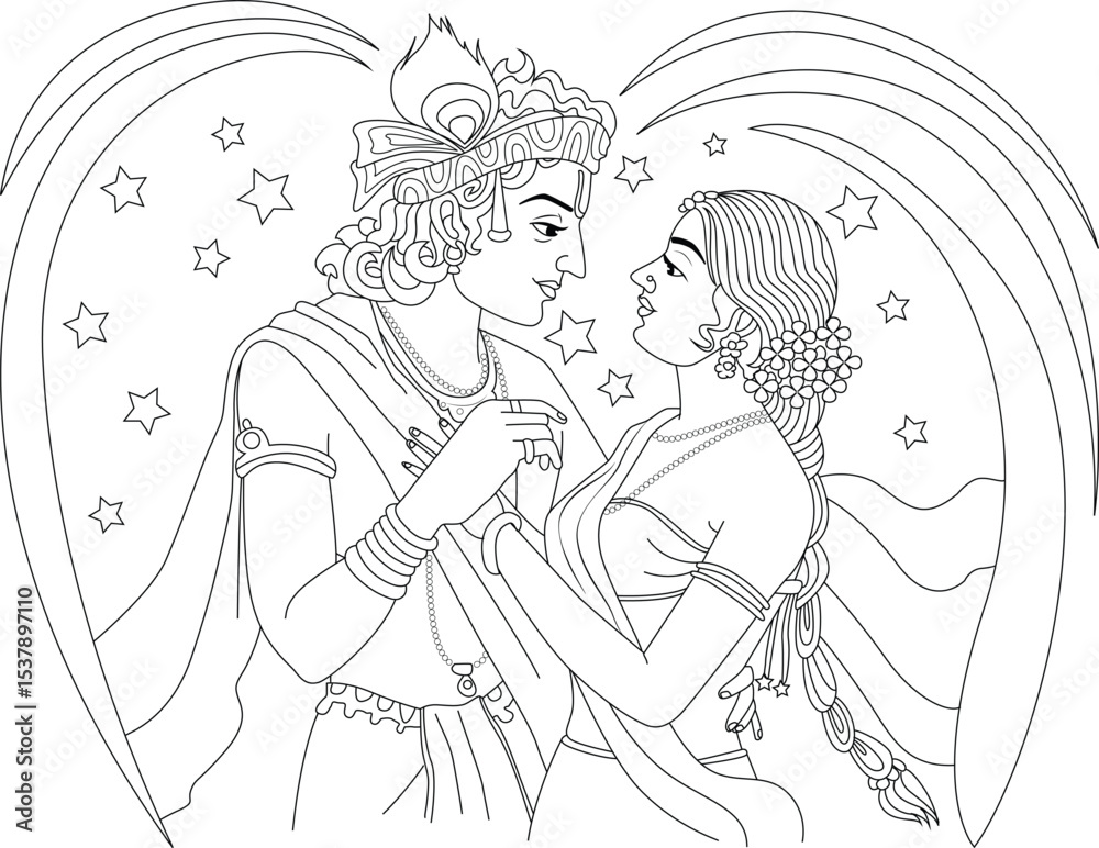 Radha Krishna Line Art, Line art illustration of the Hindu deities ...