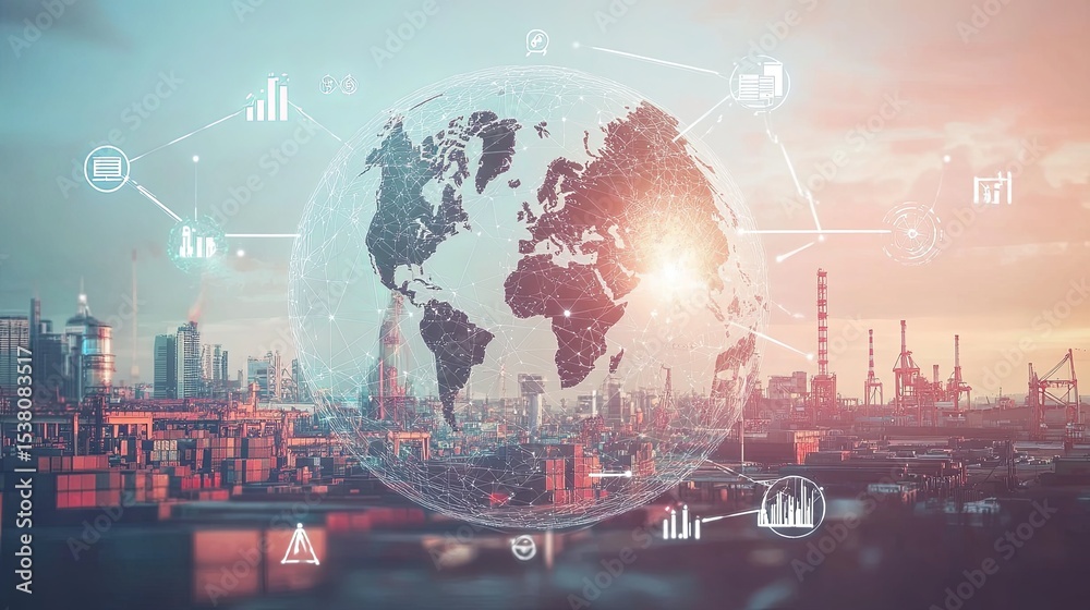 Global industrial network connectivity concept featuring world globe ...