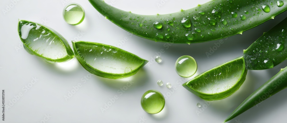 Aloe Vera Fresh aloe vera leaves and droplets on a light surface ...