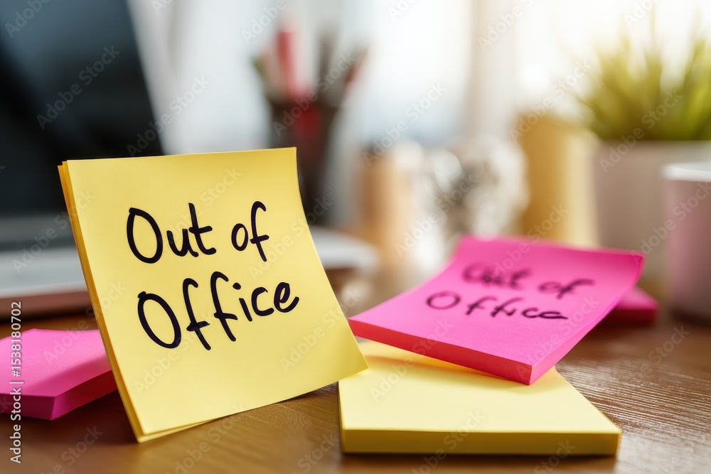 Stock-Foto „Sticky notes with out of office text on modern desk with ...