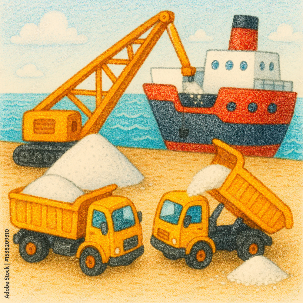 Construction vehicles load sand onto a cargo ship at the seaport ...