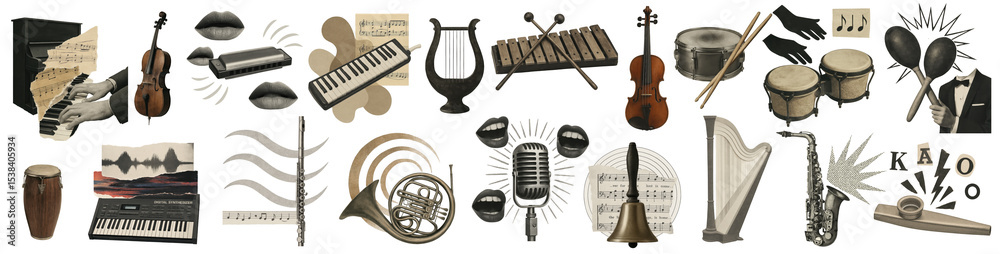 Collage featuring musical instruments like piano, violin, saxophone ...