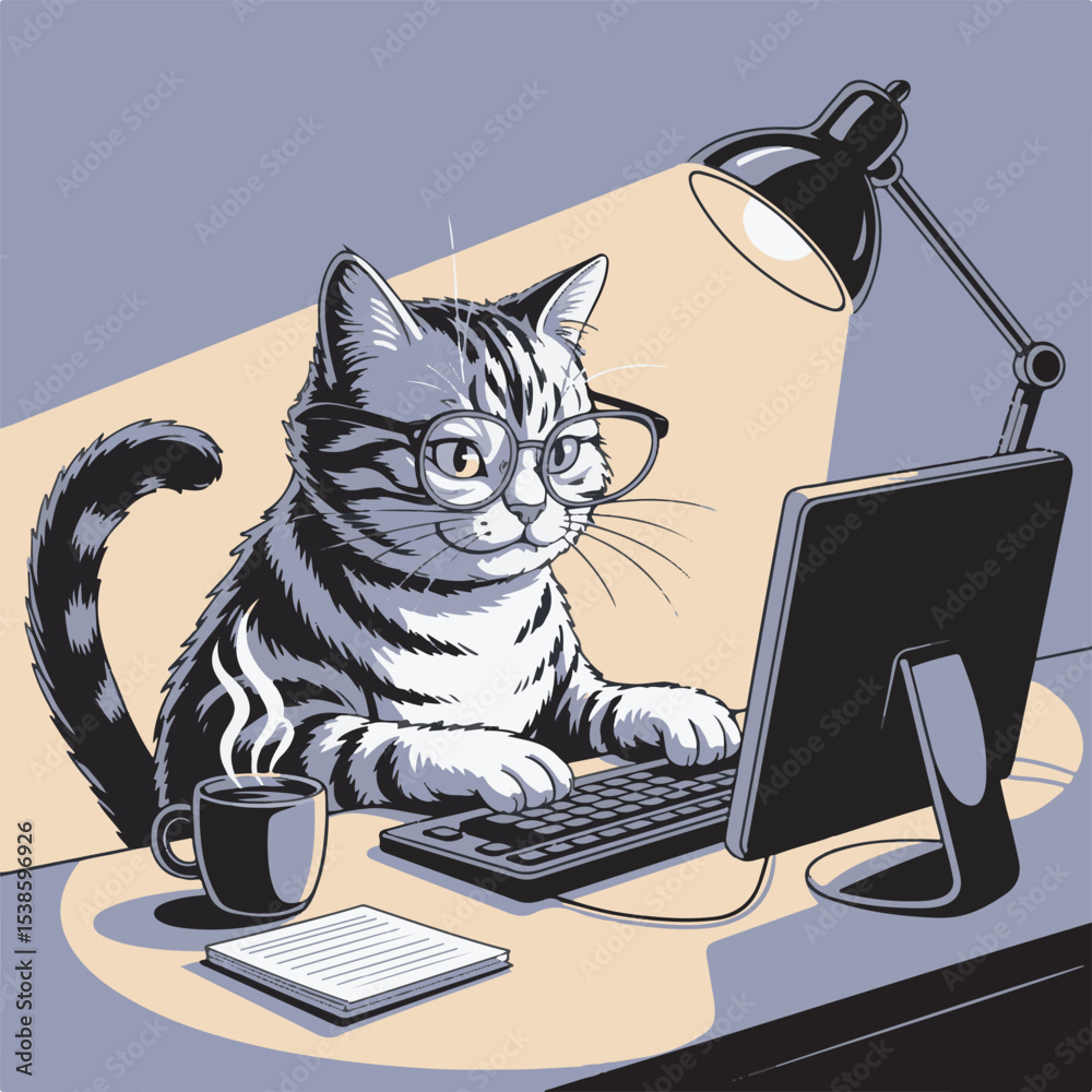 Gray Tabby Cat Wearing Glasses Uses Computer Keyboard Desk Lamp Coffee ...