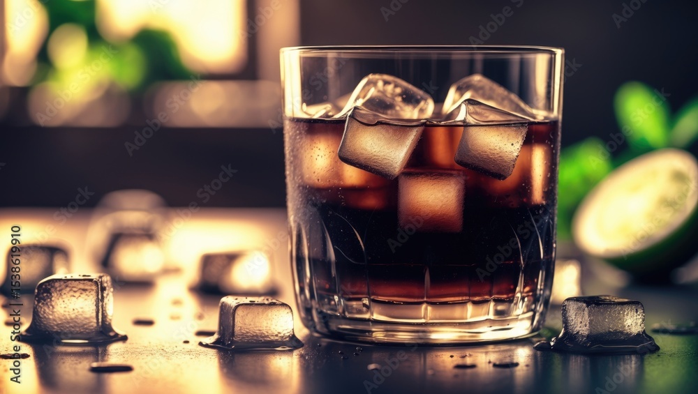 Glass of rum on the wooden background, Cuba Libre or long island iced ...