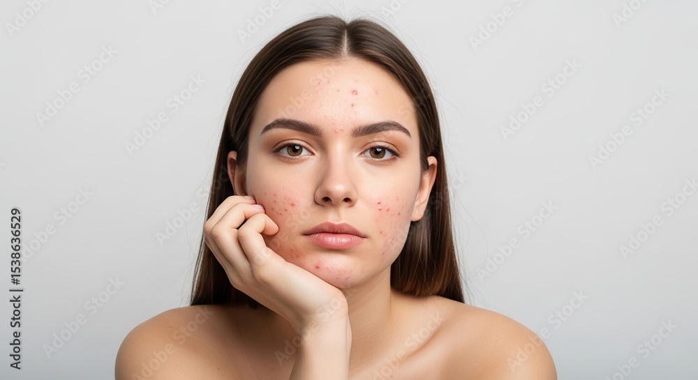 Woman with acne skin posing with hand on face portrait Stock Photo ...