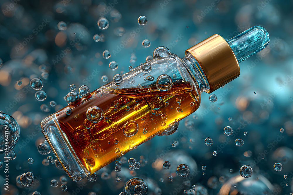 Liquid Bubble Oil with Molecule drop on skin cell.serum through the ...