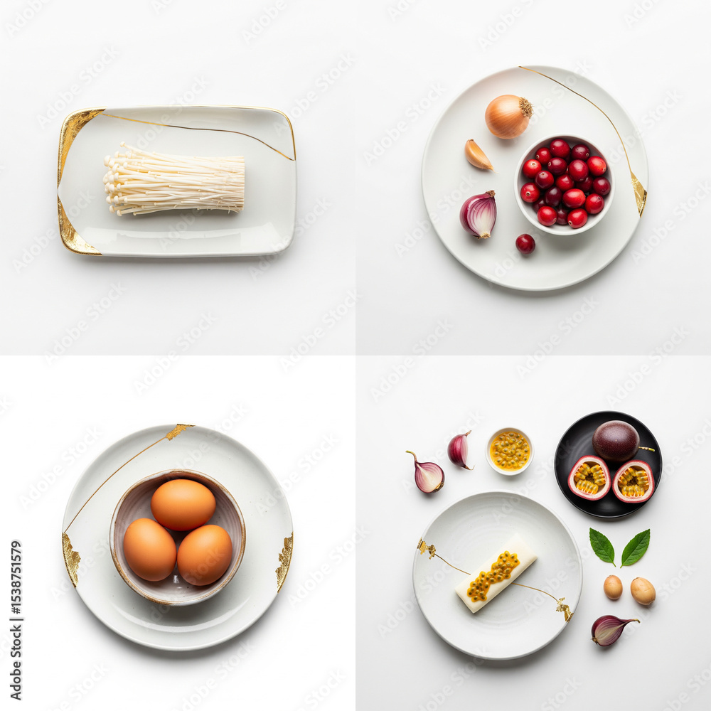 Whole Eggs, Cranberries, Passion Fruit, Enoki Mushrooms Stock Photo ...