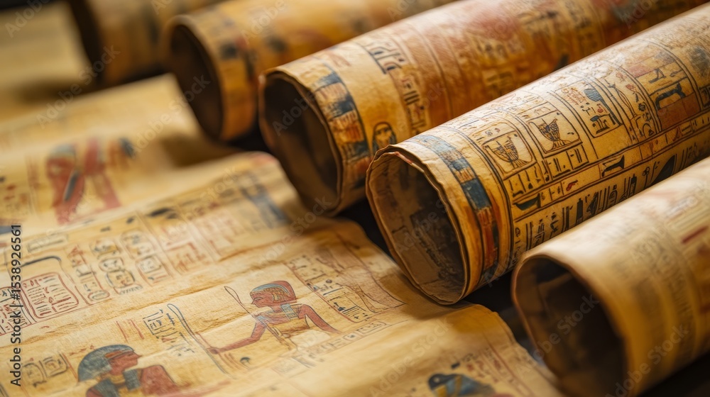 Rolled ancient papyrus scrolls with hieroglyphs and illustrations ...