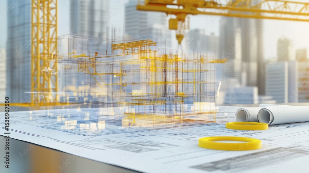 Transparent building model on blueprints, urban construction site ...