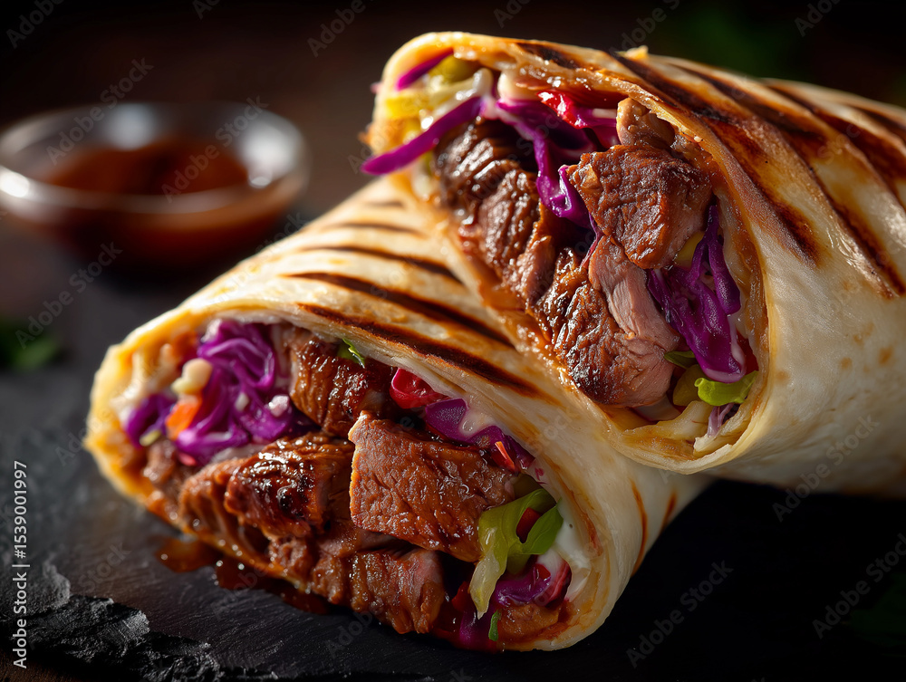 Extreme macro cross-section of a beef shawarma wrap, sliced to reveal ...