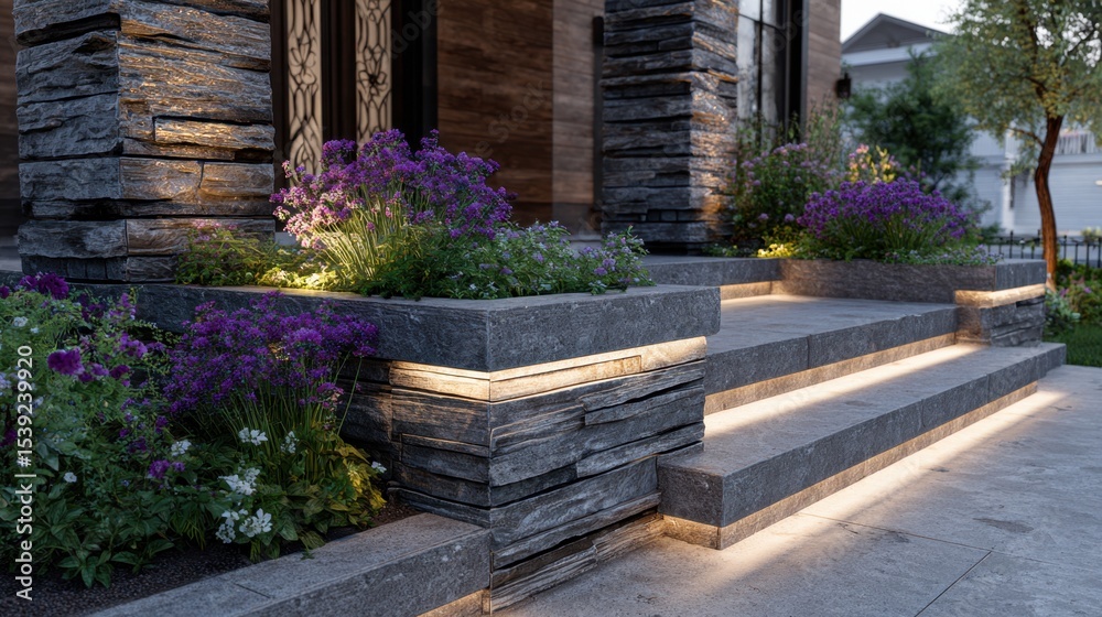 D render of front porch with layered stone wall, floating steps, and ...