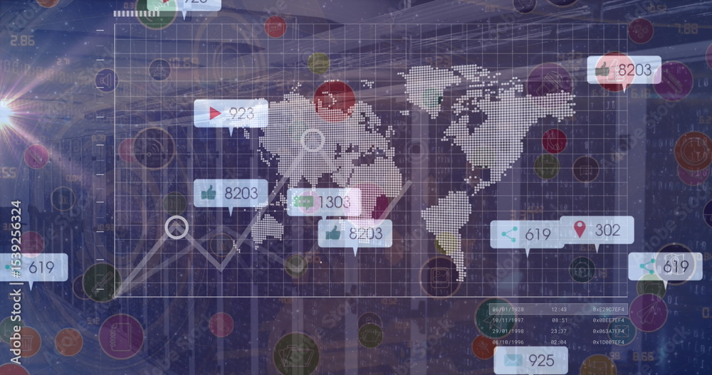 Foto de Stock Displaying dashboard in data center, world map grid, line graph, social icons and ...