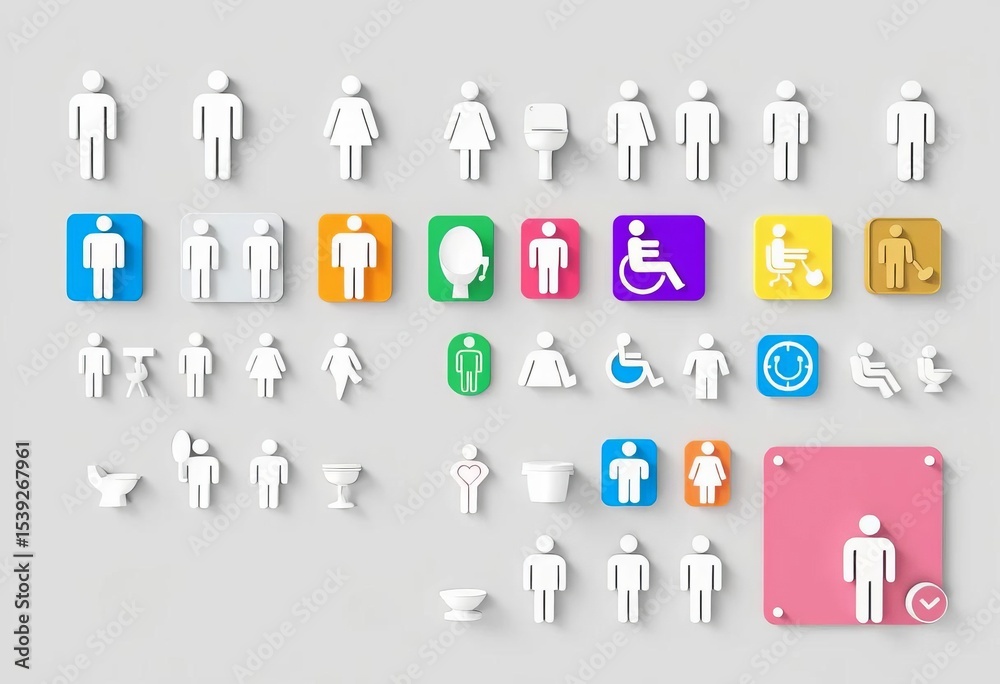 Collection of diverse toilet icons, including symbols for male, female ...
