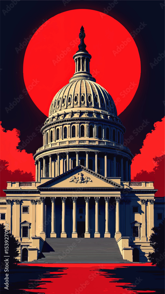 Dramatic Artistic Illustration of US Capitol Building with Bold Red Sun ...