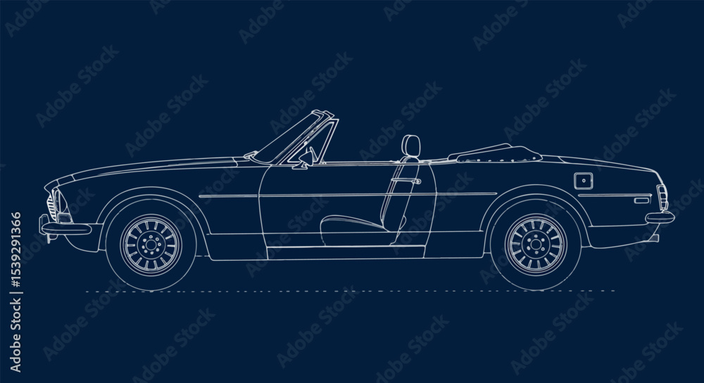 Line drawing of a classic white convertible car with a raised top on a ...