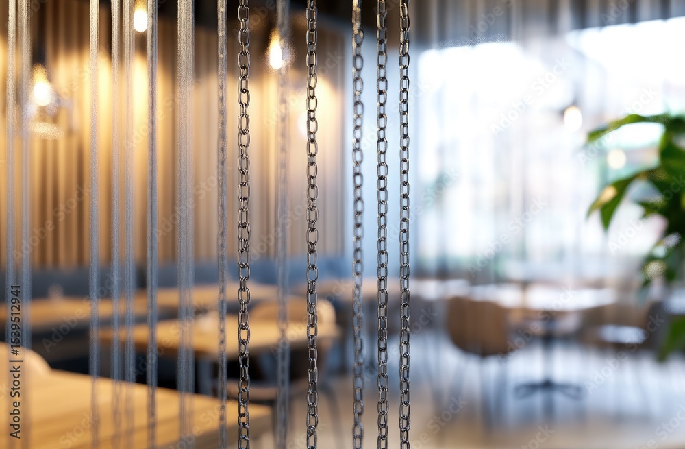 Chains hang from a ceiling, creating a partition between a restaurant ...