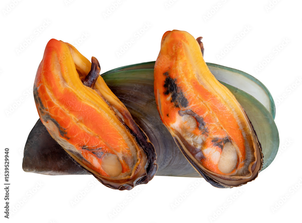 Side view of three cooked green mussels in red meat and shell in pile ...