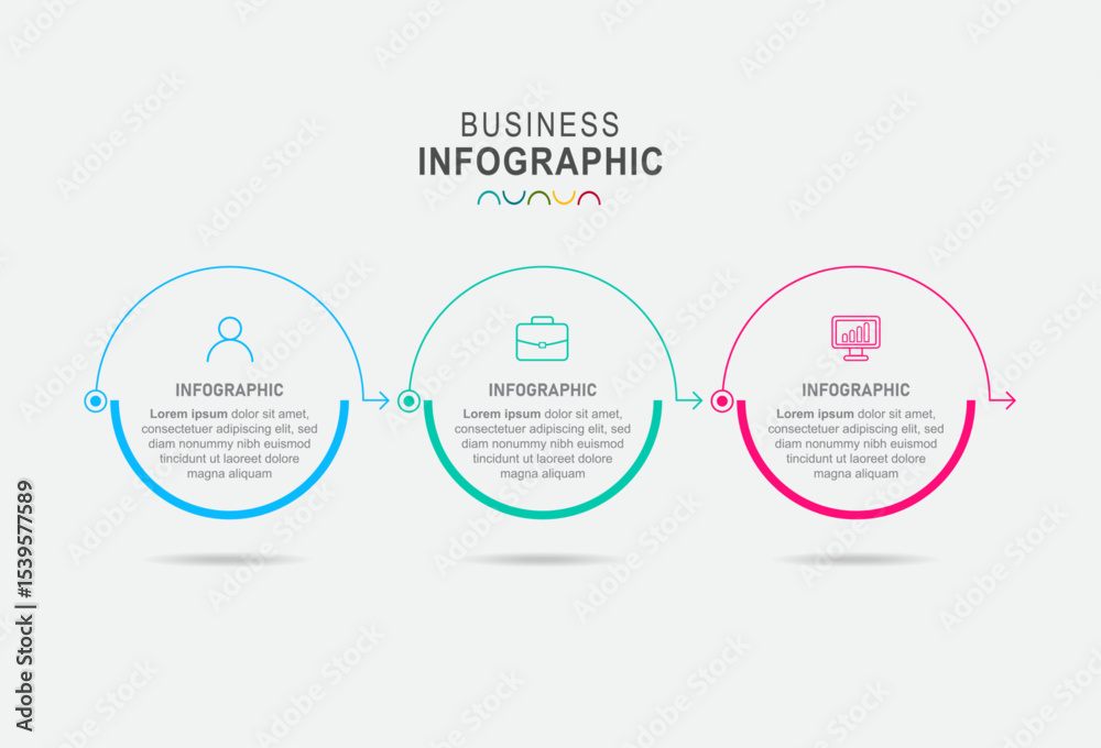 Line step infographic. 3 options workflow diagram, circle timeline ...