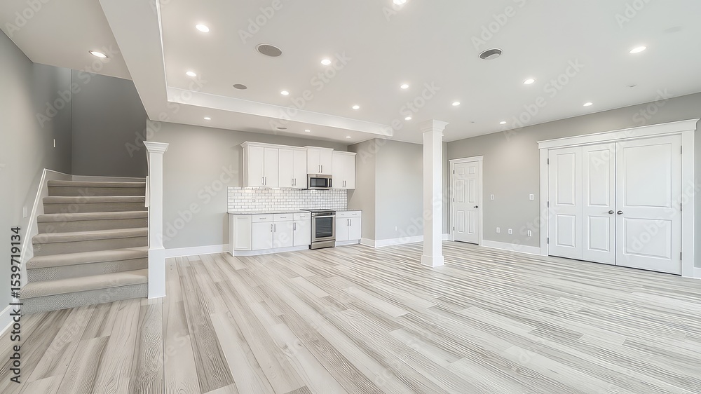 Finished basement space showcases a modern aesthetic with white ...