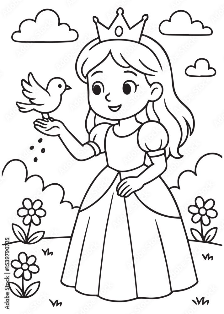 Coloring book princess with a crown smiles as a sweet bird perches on ...