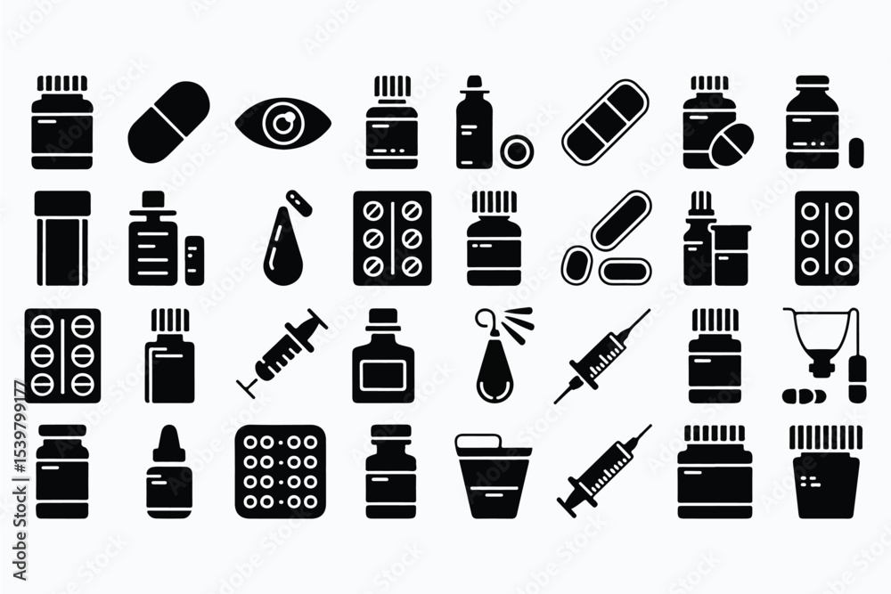 Стоковое векторное изображение «Pharmacy, drug packaging glyph icon set ...