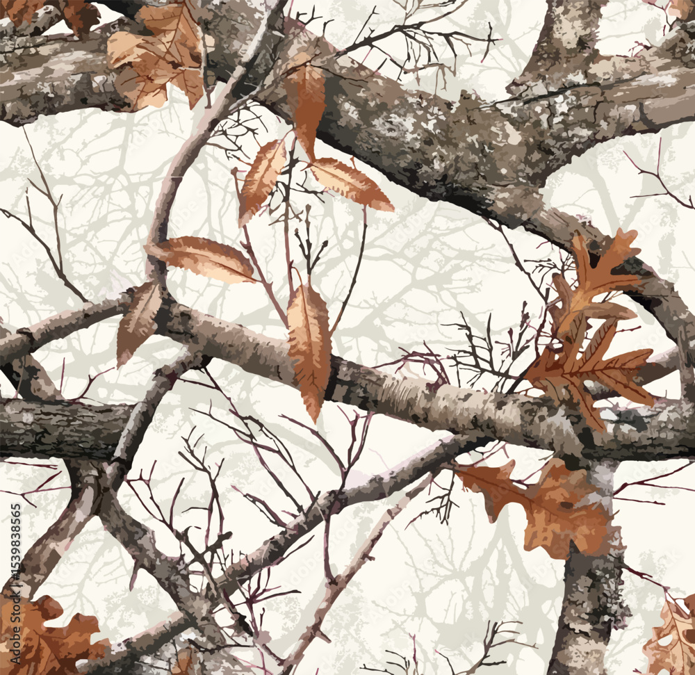 Realistic forest camouflage. Seamless pattern. Conifer tree, branches ...
