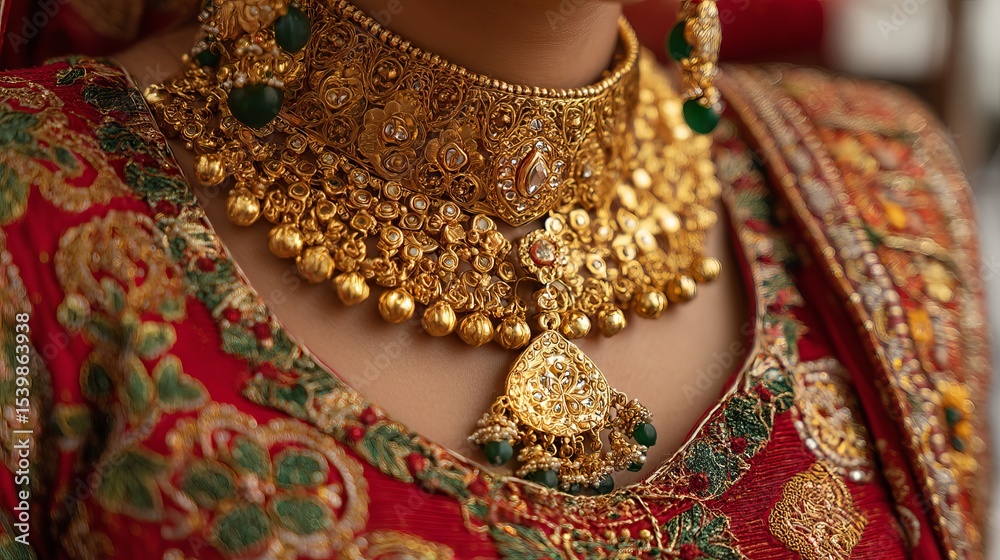 Traditional south asian bride wearing gold jewelry for wedding ceremony ...