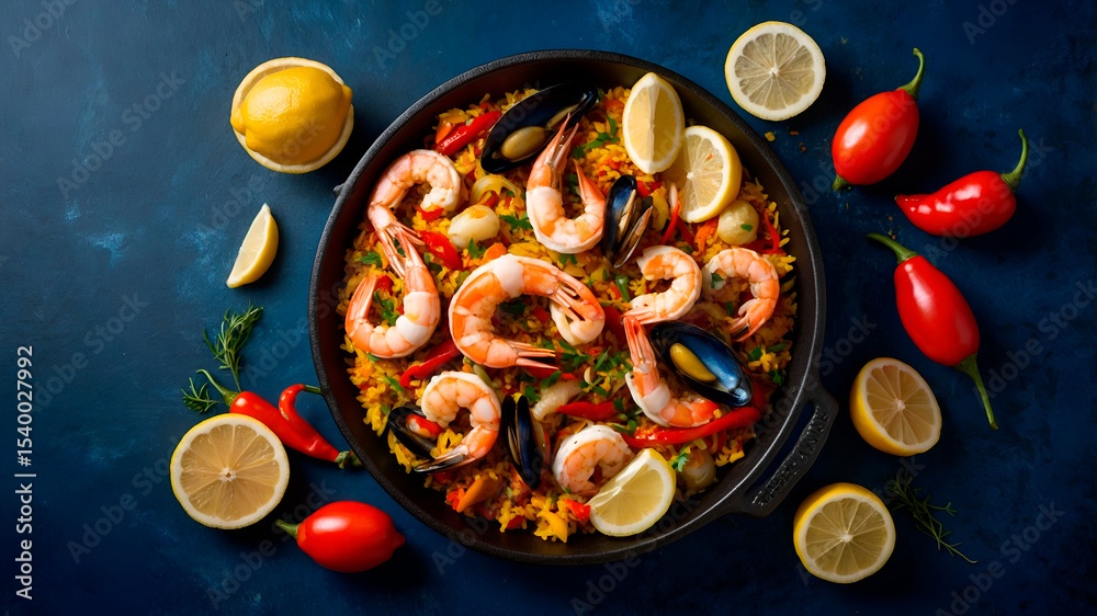 Seafood paella with classic Mediterranean sides on a deep blue ...