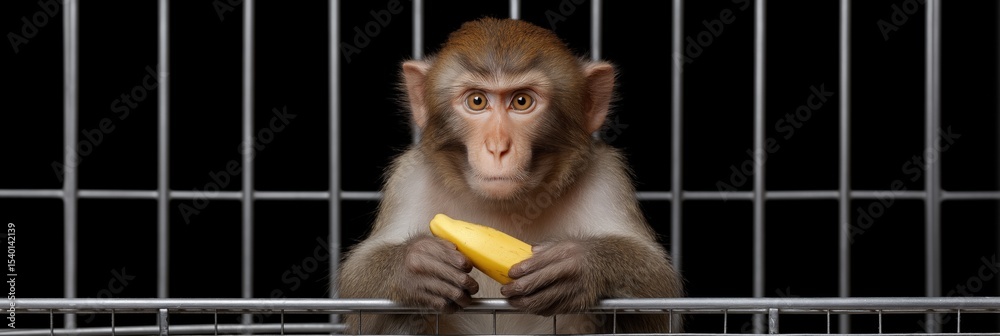 Juvenile monkey eating banana behind bars in captivity Stock Photo ...