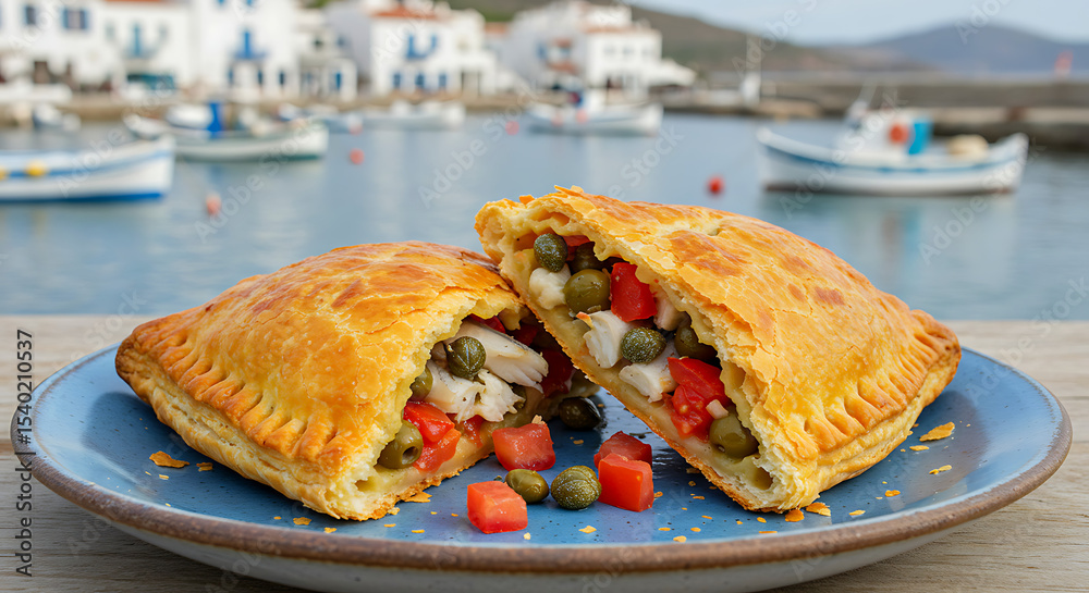 Maltese Lampuki Pie. golden pastry crust breaking open to reveal ...
