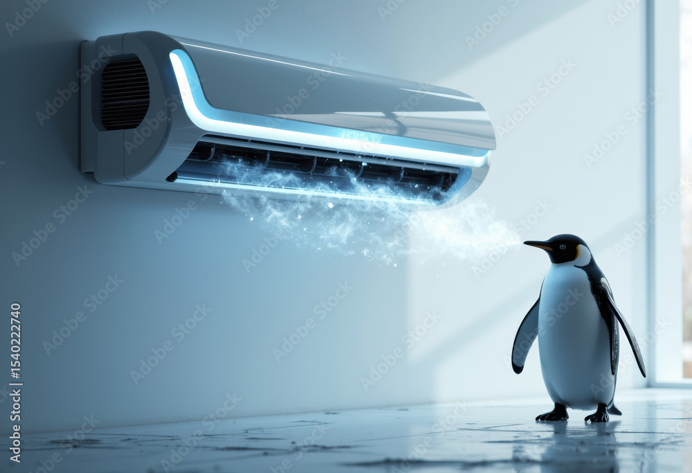 Foto de Stock Modern air conditioner unit cooling a room with a penguin ...