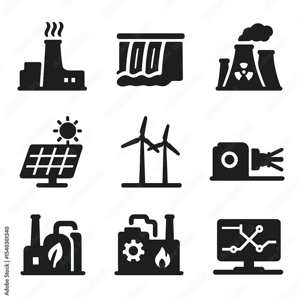 Power Generation Icons. Solid, filled icons set of power generation ...