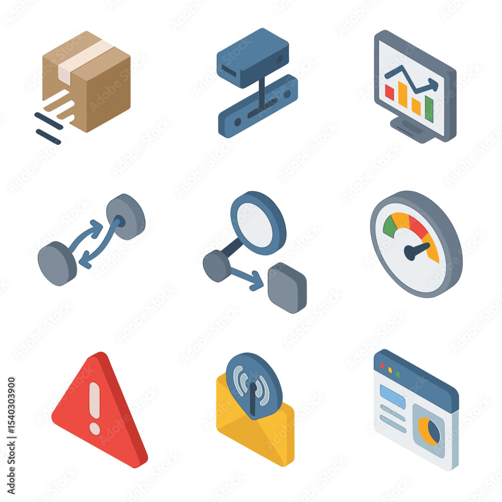 Network Monitoring Icons. Isometric Flat icon set of network traffic ...