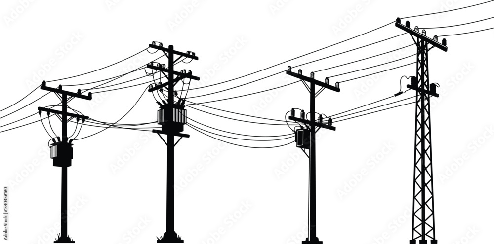 Electric power pole vector, utility line silhouette, energy ...