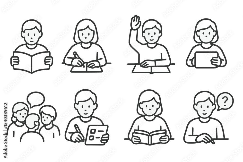 Student Learning Icons. Line style icons of students and learning ...