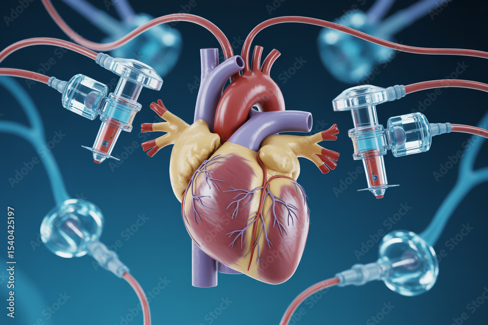 Anatomical heart model connected to tubing and clear devices on a blue ...