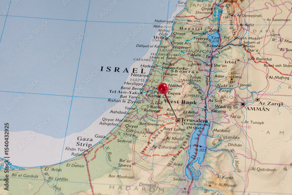 Colorful location map with red stick pin at Jerusalem, Israel and the ...