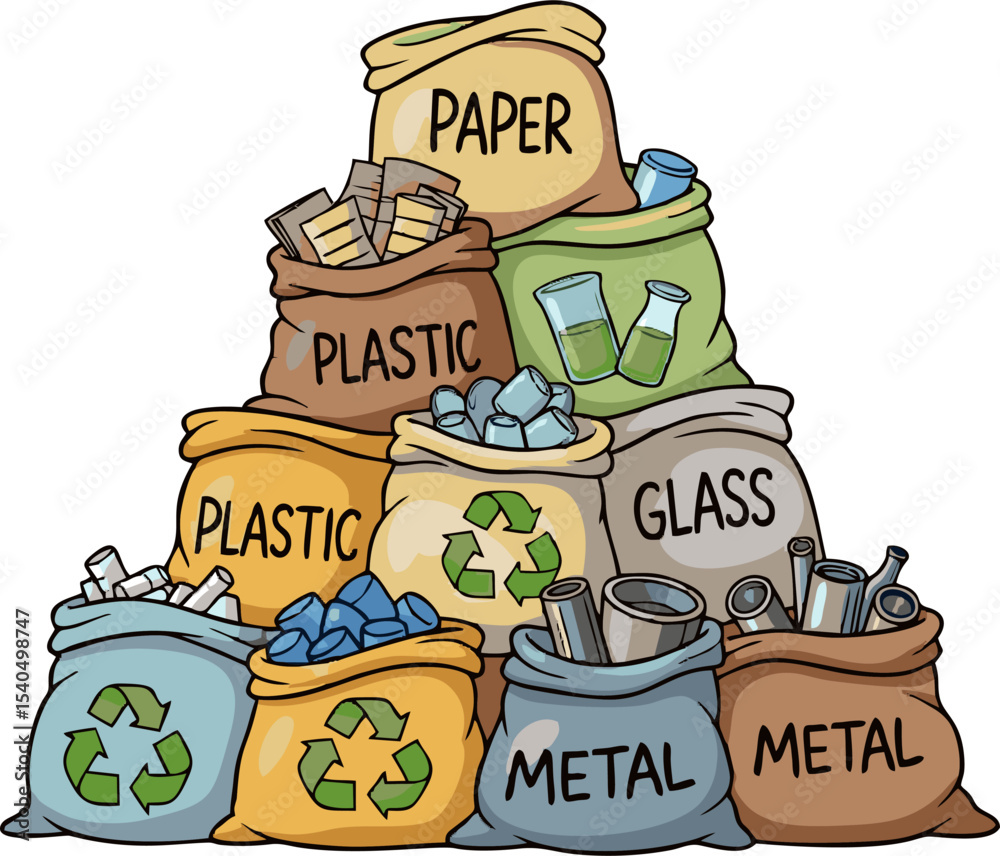 Cartoon Recycling Sacks Stacked with Paper, Plastic, Glass, and Metal ...