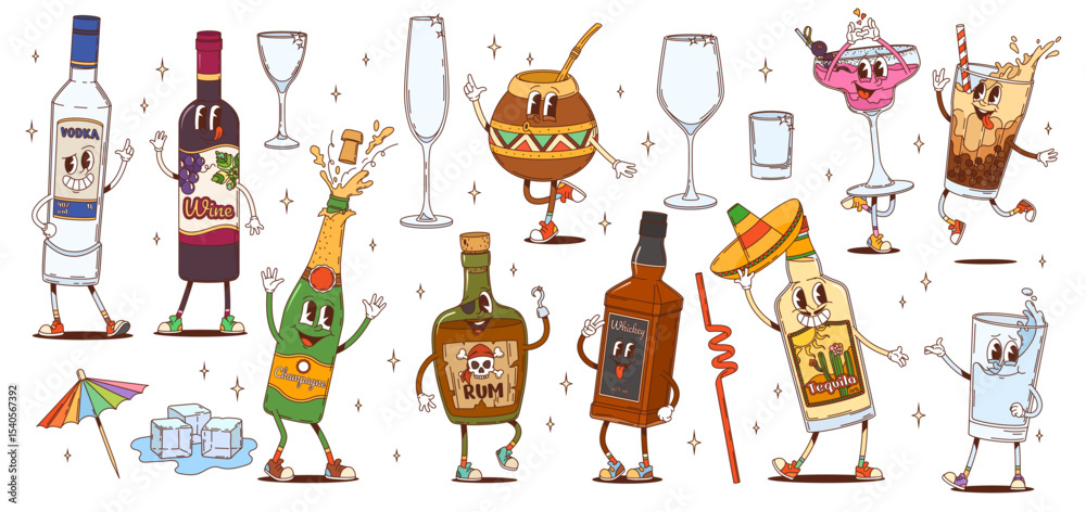 Retro hippie groovy drink and beverage characters with happy bottles ...