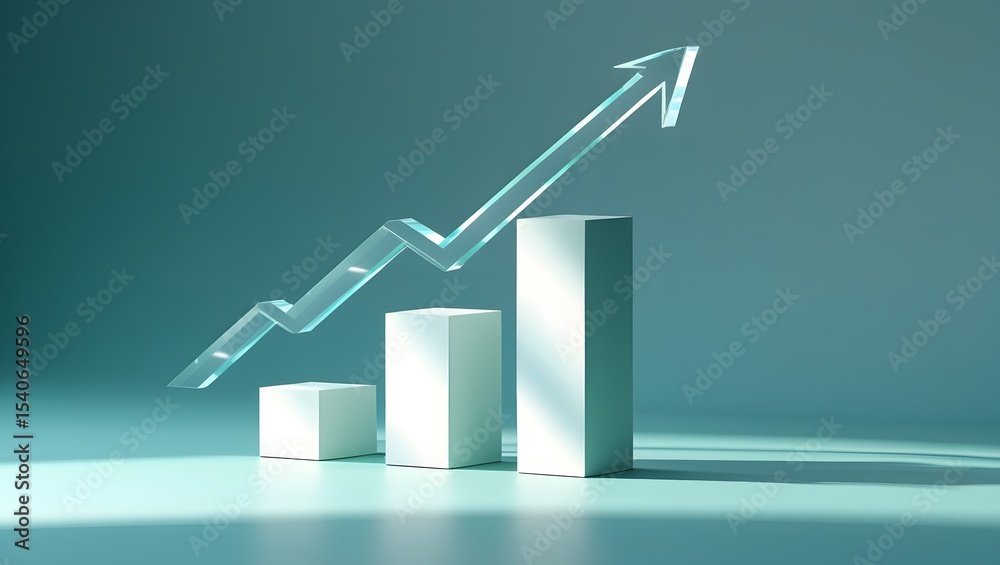 bar chart with four rectangular columns of increasing height. An upward ...