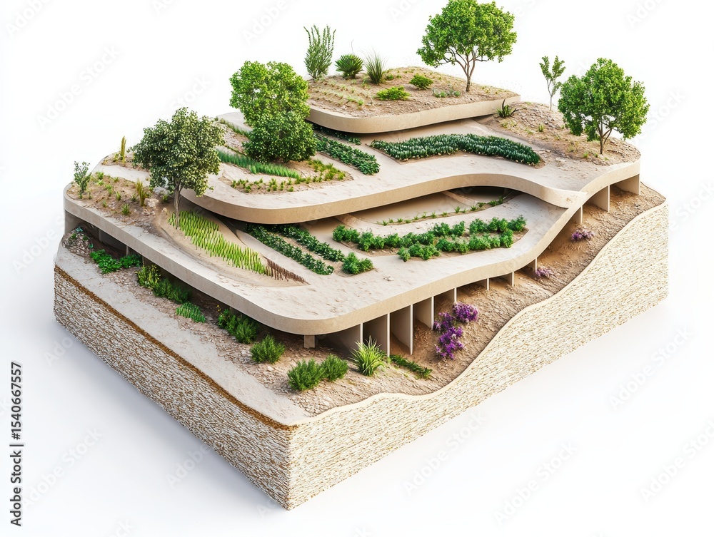 An enlarged technical diagram of desert landscaping technology, showing ...