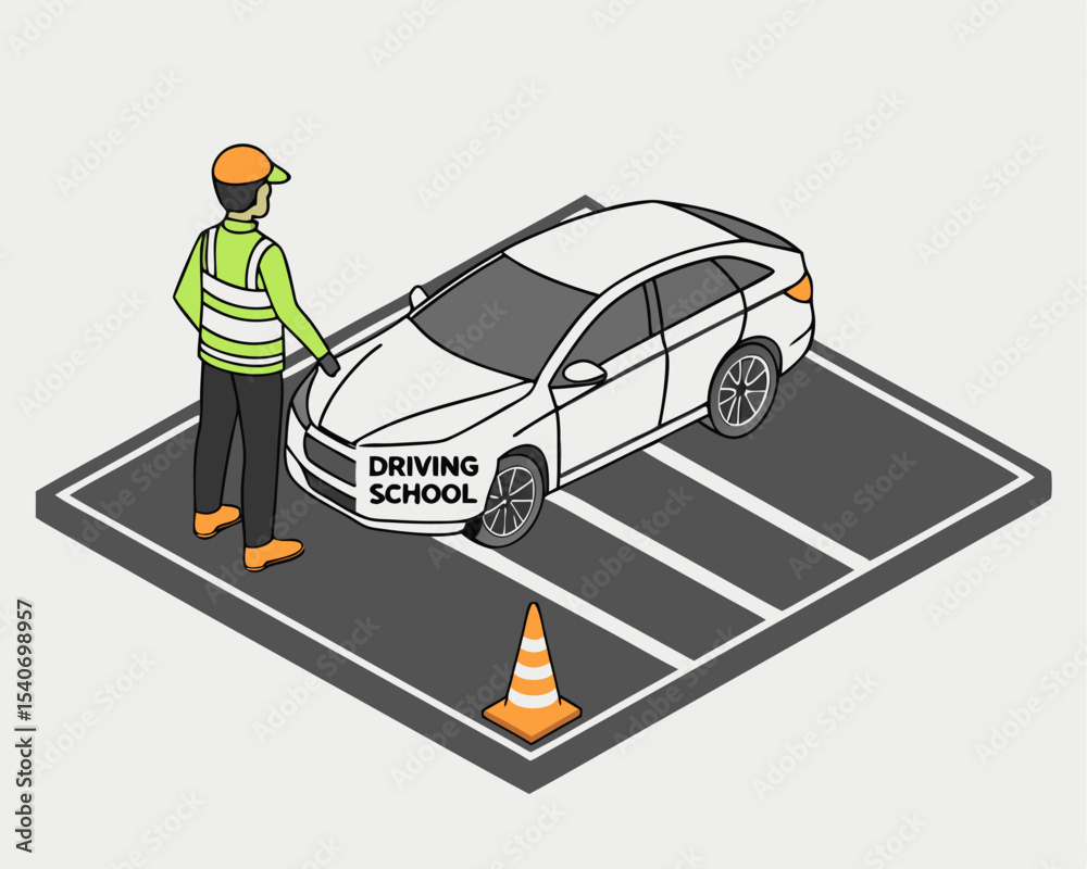 Supervised driving school test shown in isometric view with a car ...