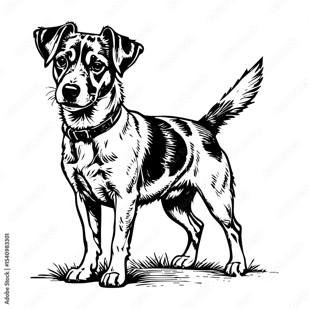 Jack Russel dog sketch engraving black and white outline. Scratch board ...
