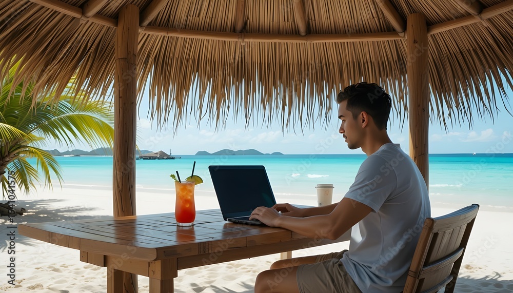 Tropical Beach Work Paradise: Man works on laptop under a beach hut ...