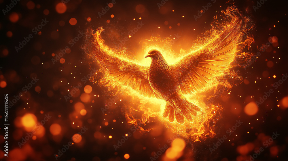 Holy Spirit symbol with a dove surrounded by flames, vibrant and ...
